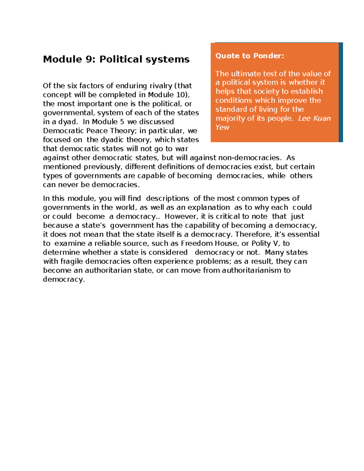 Analyzing Political Systems and Their Potential for Democracy - Module ...