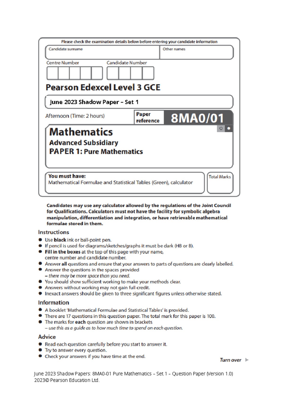 8MA0-01 Pure Mathematics June 2023 Shadow Paper Set 1 (Version 1.0) - Studocu