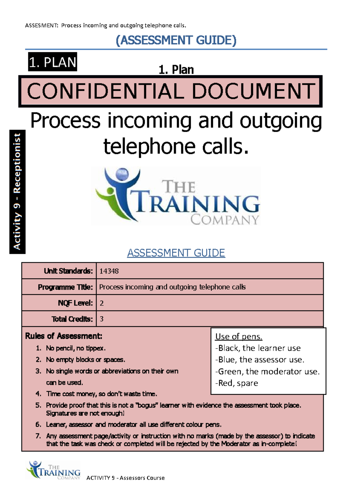 Activity 16 Telephone Assessment Edit V3 - (ASSESSMENT GUIDE) 1. Plan ...
