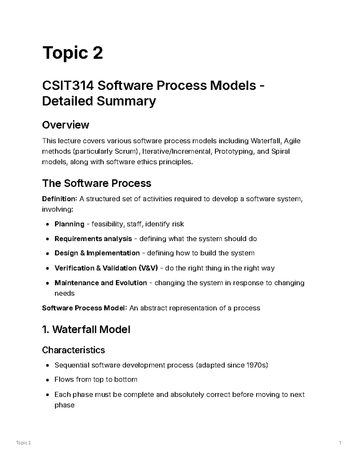 CSIT314 Topic 2 Lecture: Overview of Software Process Models - Studocu