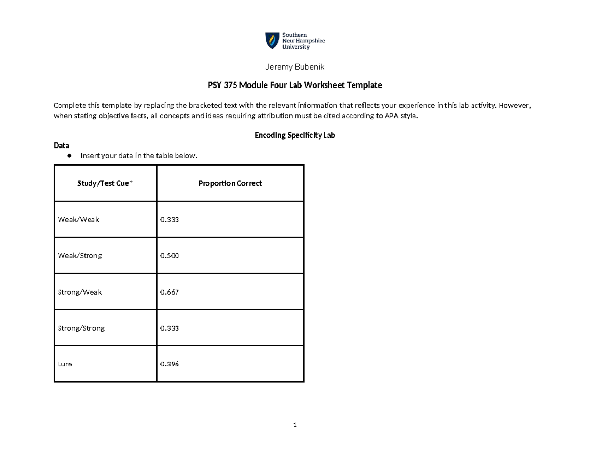 PSY 375 Module Four Lab Worksheet: Data Encoding & Memory Analysis ...