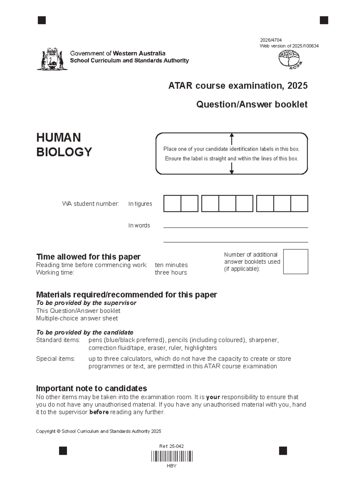 2025 HBY Final Exam: Human Biology ATAR Course Examination Guide - Studocu