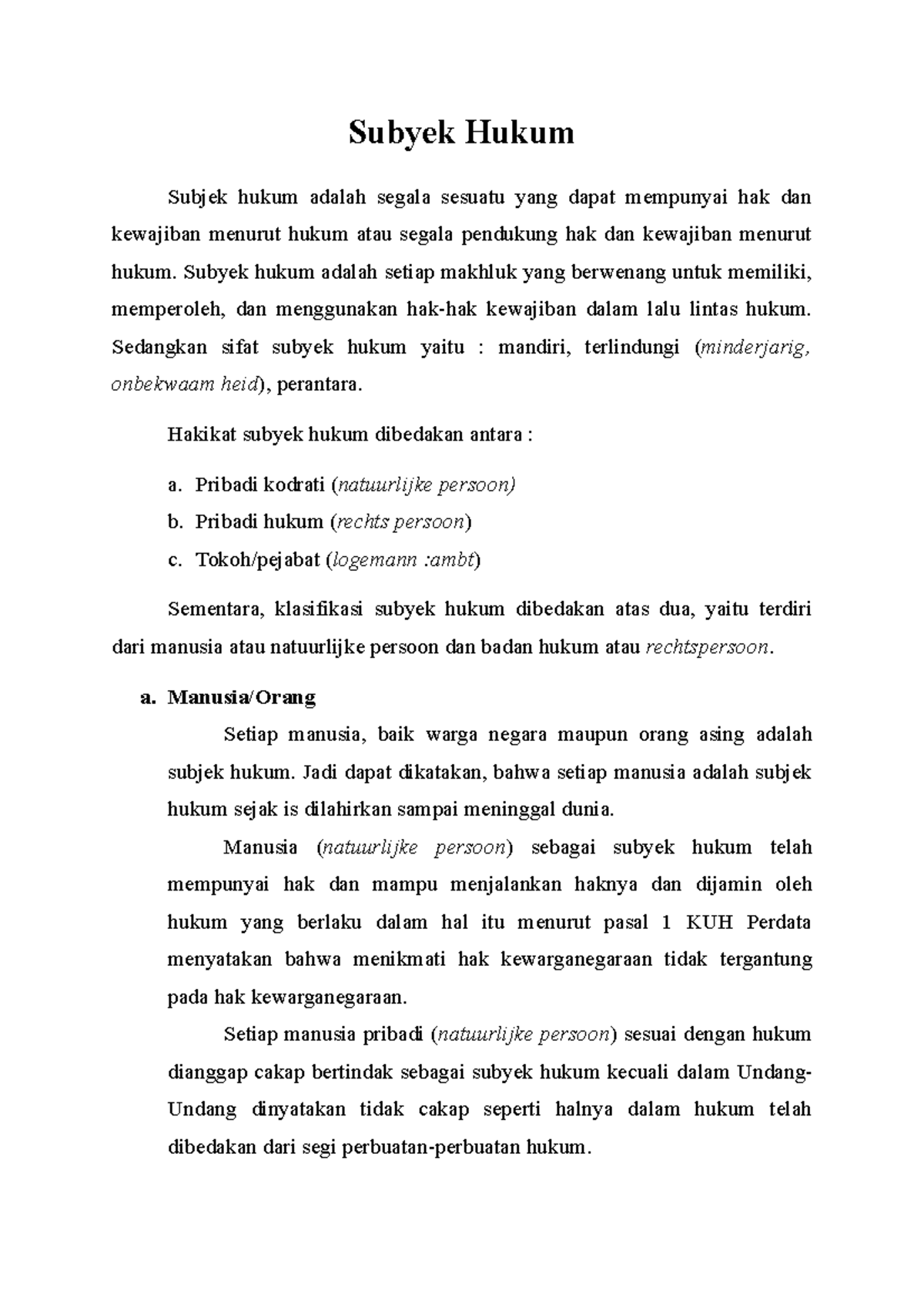 Subyek Hukum: Pengertian, Klasifikasi, dan Sifatnya dalam Hukum - Studocu