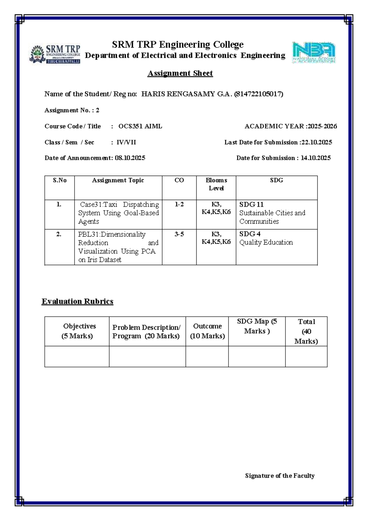 OCS351 AIML Assignment 2: Case Study on Path Planning & FNN - Studocu