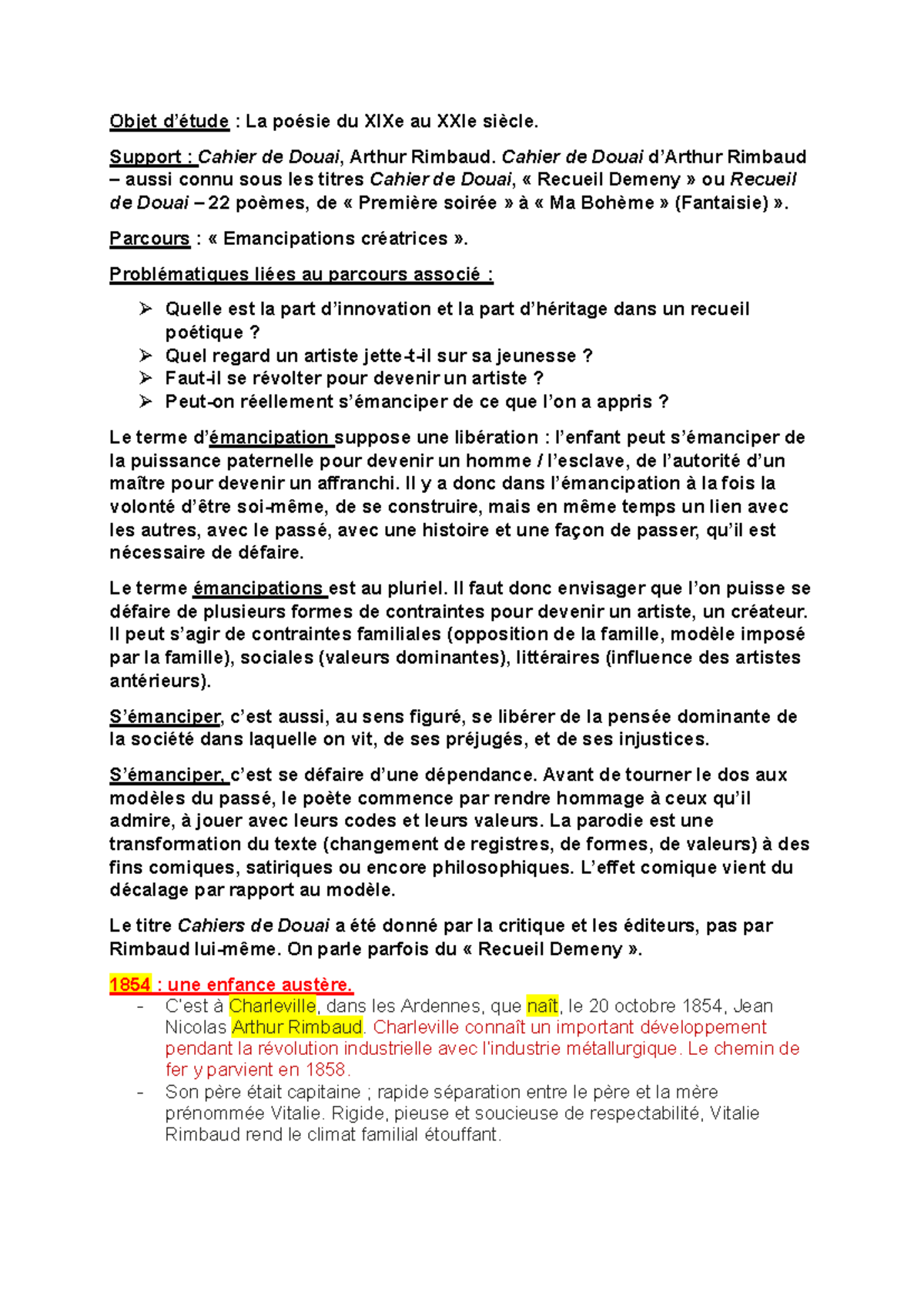 Dissertation sur les Cahiers de Douai d'Arthur Rimbaud - Studocu