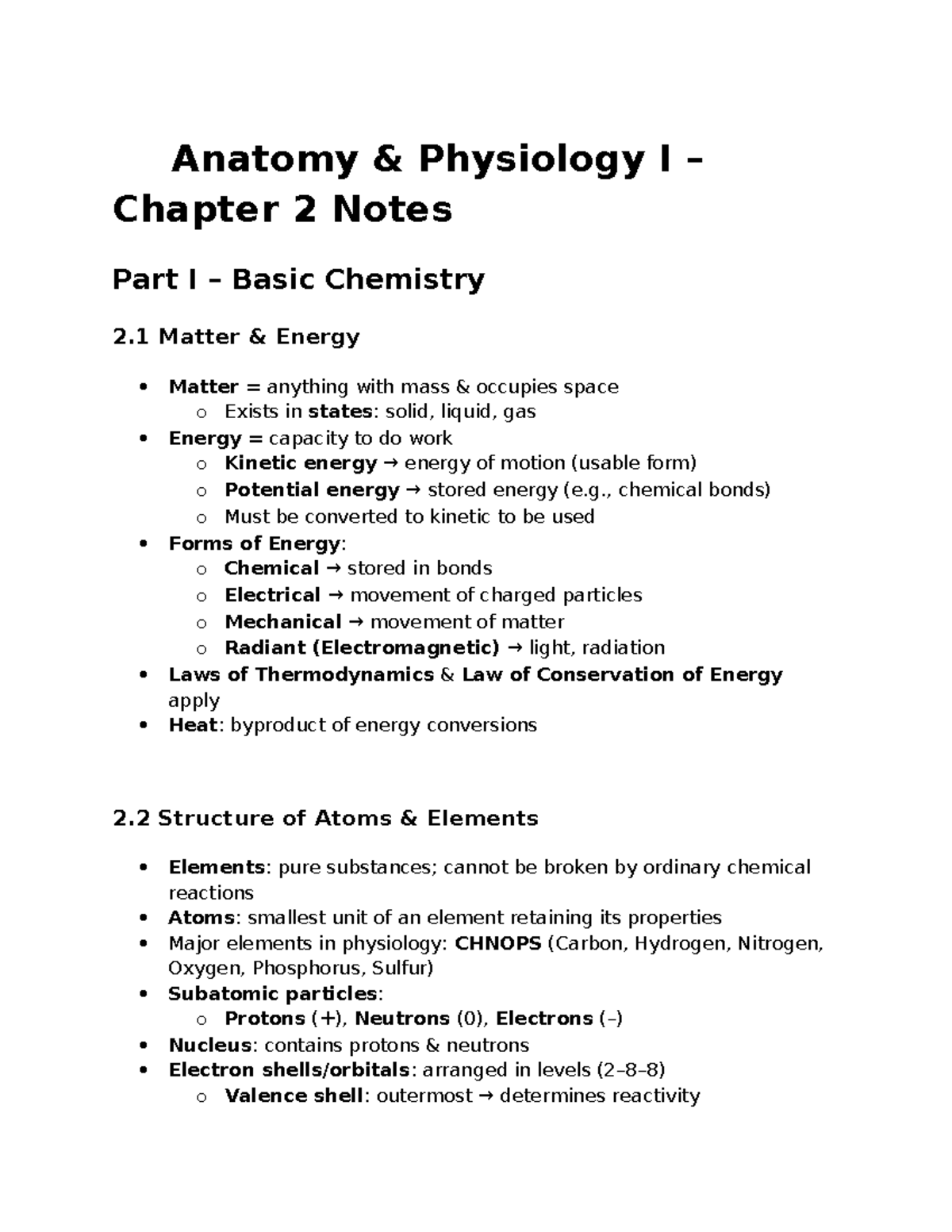 Anatomy Physiology I Chapter 2 Notes Basic Chemistry Overview Studocu