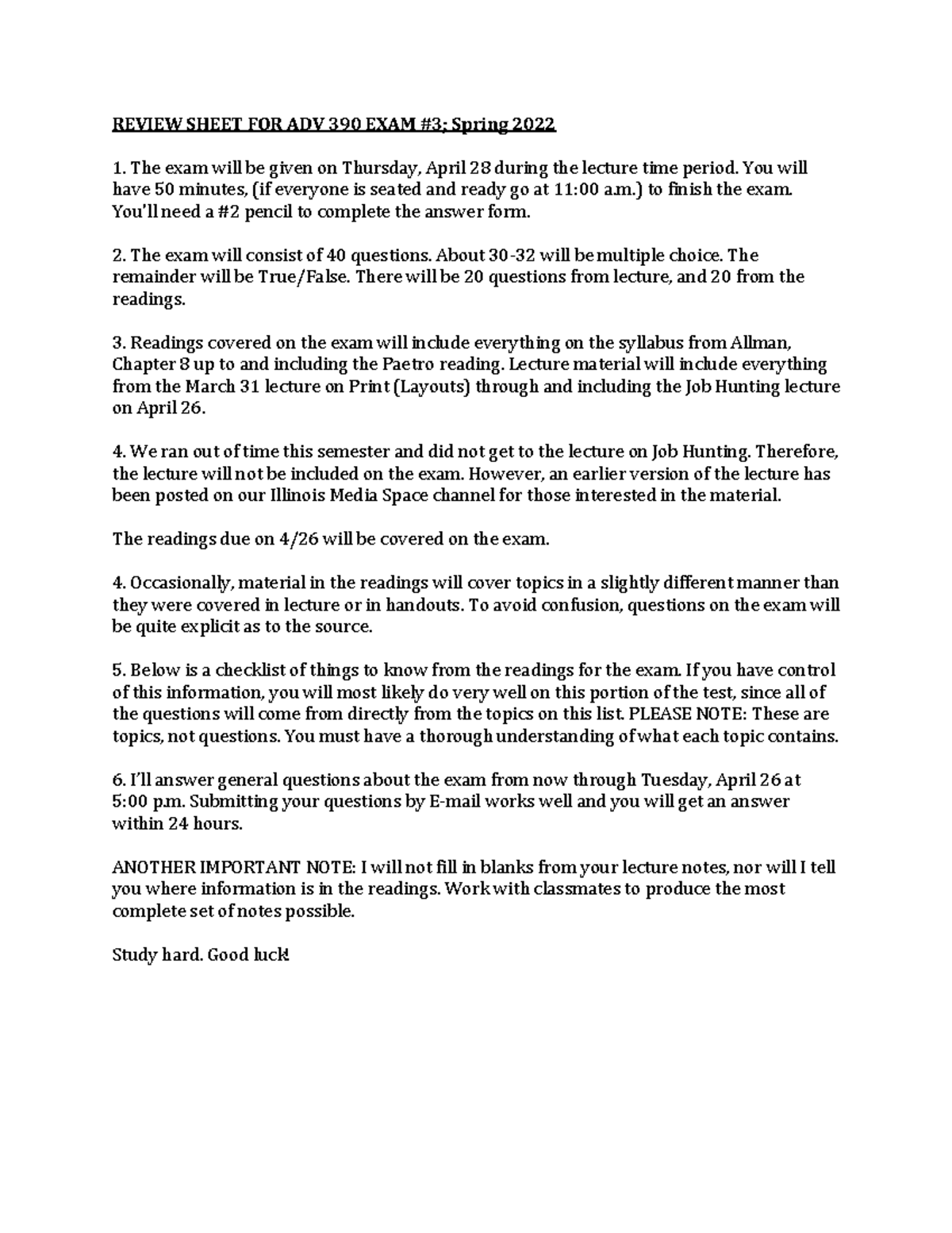 Exam 3 Review Spring 2022 - REVIEW SHEET FOR ADV 390 EXAM #3; Spring ...