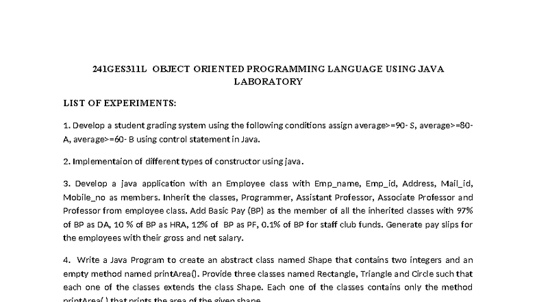 241GES311L OOP in Java: Lab Experiments & Applications - Studocu
