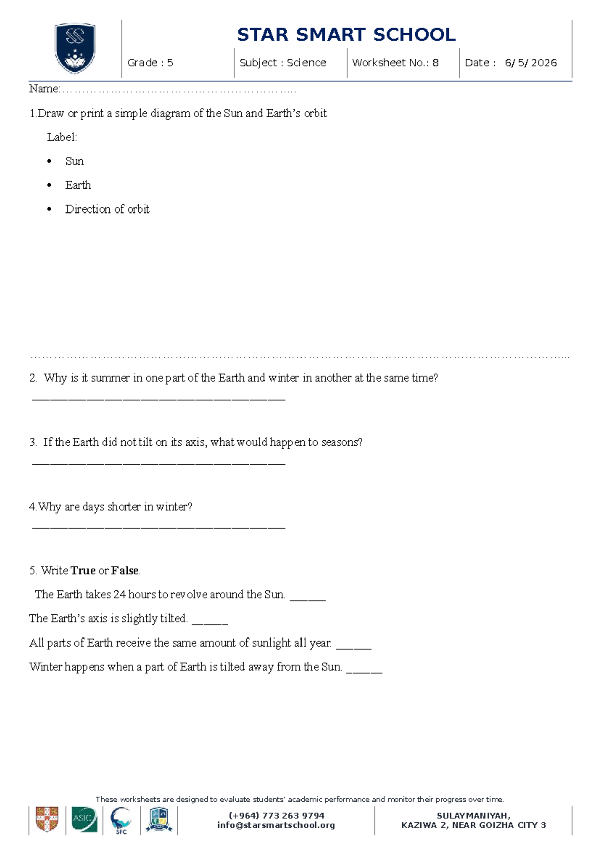 Grade 5 Science Worksheet No. 8: Understanding Seasons and the Sun ...