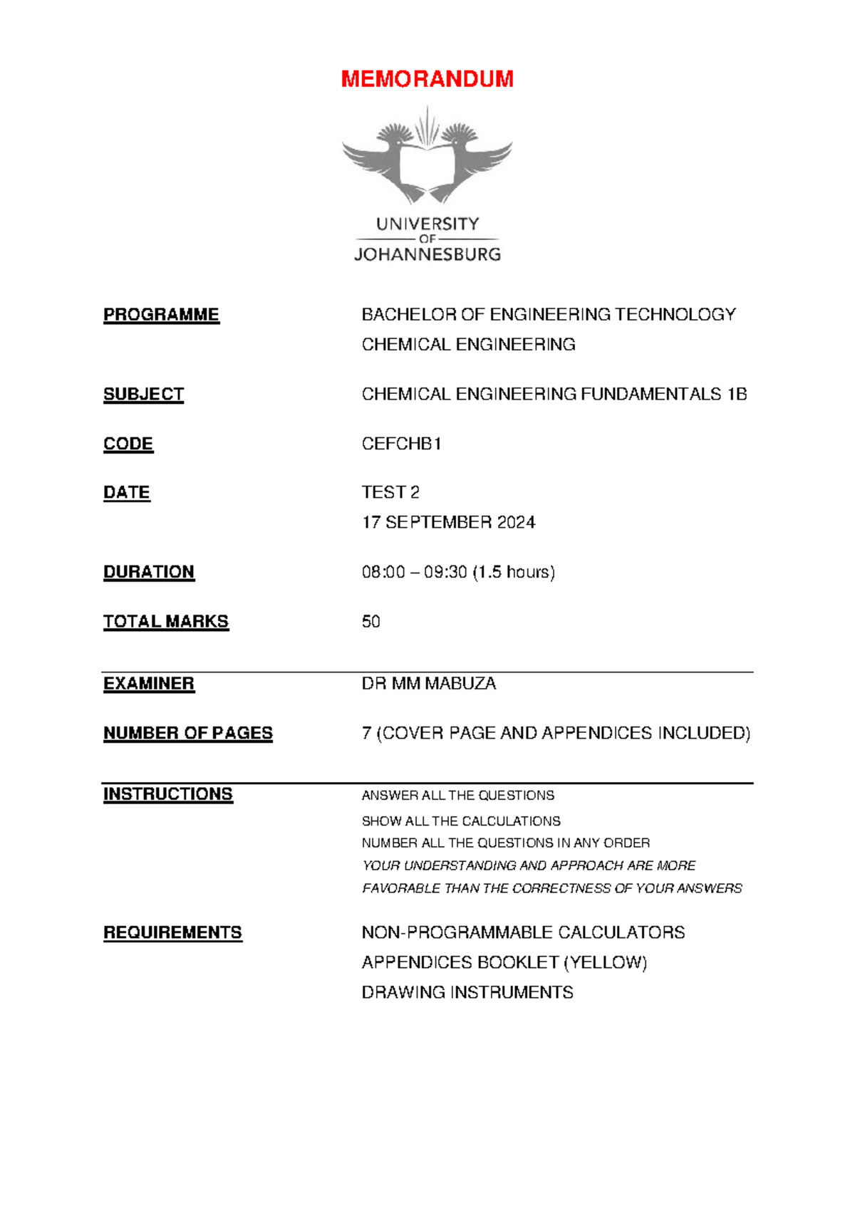 Test 2 Memorandum: Chemical Engineering Fundamentals 1B (CEFCHB1) - Studocu