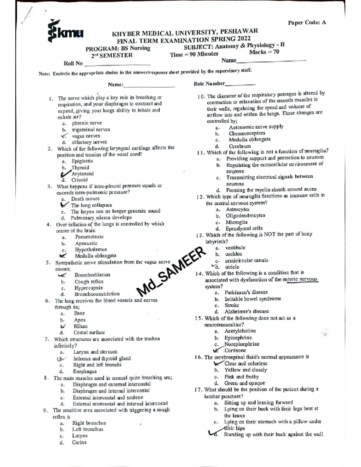 A&P II 2023 Final Exam Paper for BS Nursing 2nd Semester - Studocu