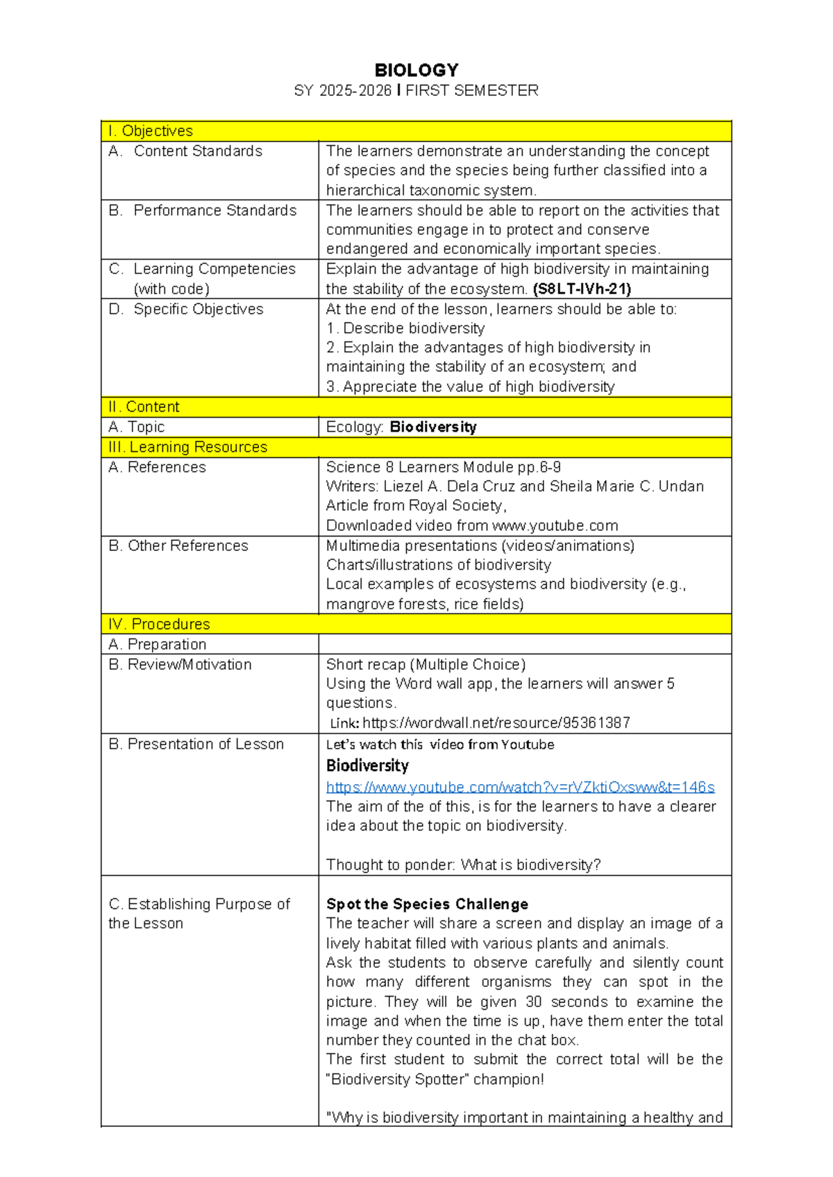 BIOLOGY SY I: Biodiversity Lesson Plan & Activities (MedSci 203) - Studocu