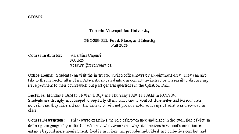 GEO509F25 Course Outline: Food, Place, and Identity at TMU - Studocu