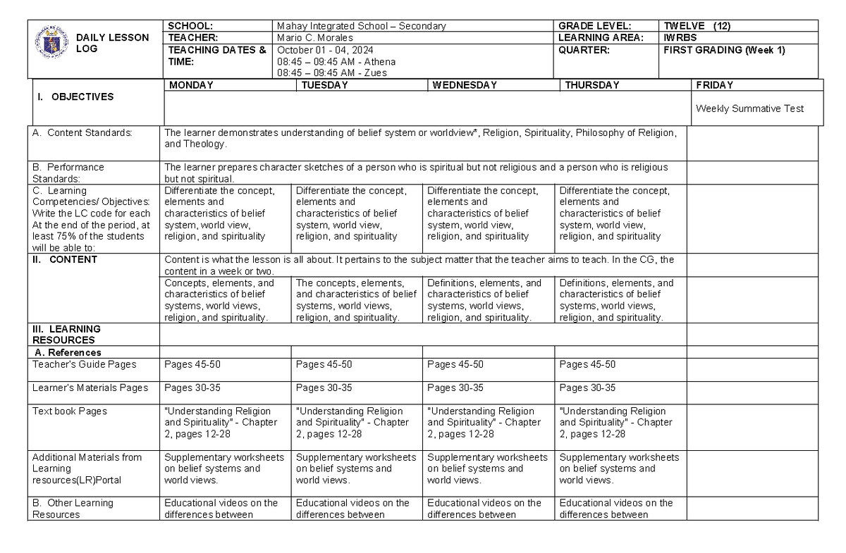 DLL IWRBS 12 Week 1 Lesson Plan: Belief Systems & Spirituality - Studocu