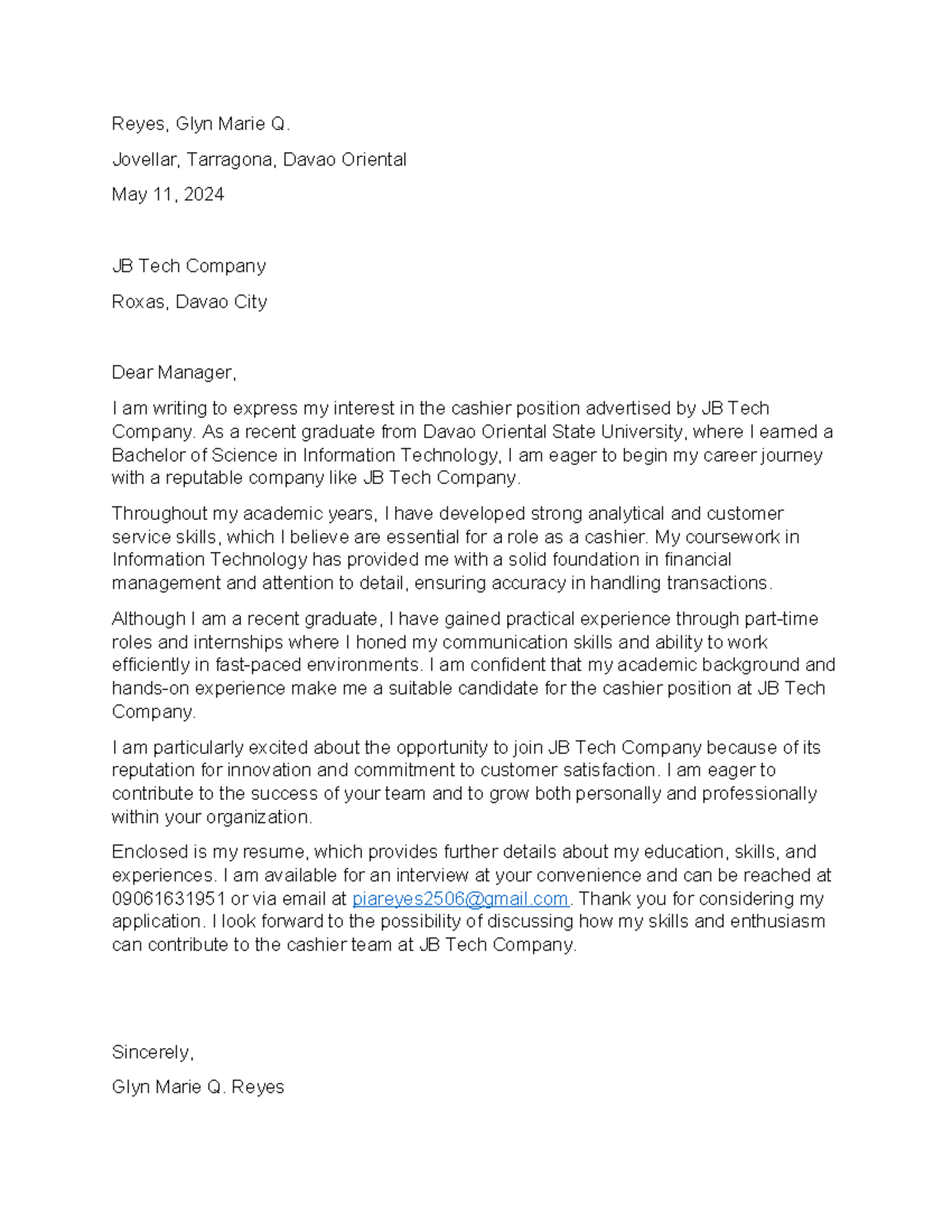 Application-letter - application letter sample - Reyes, Glyn Marie Q ...