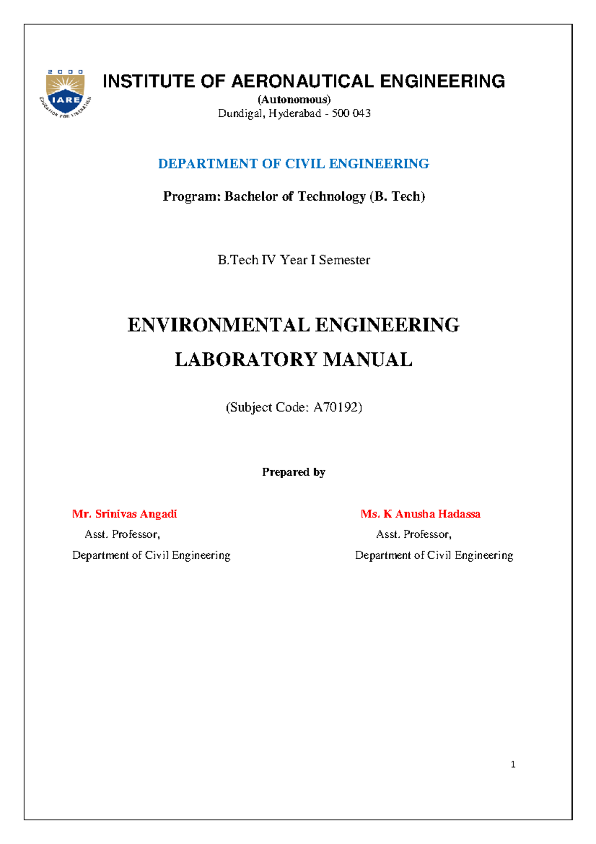 Environmental Engineering Lab Manual - B.Tech IV Year (A70192) - Studocu
