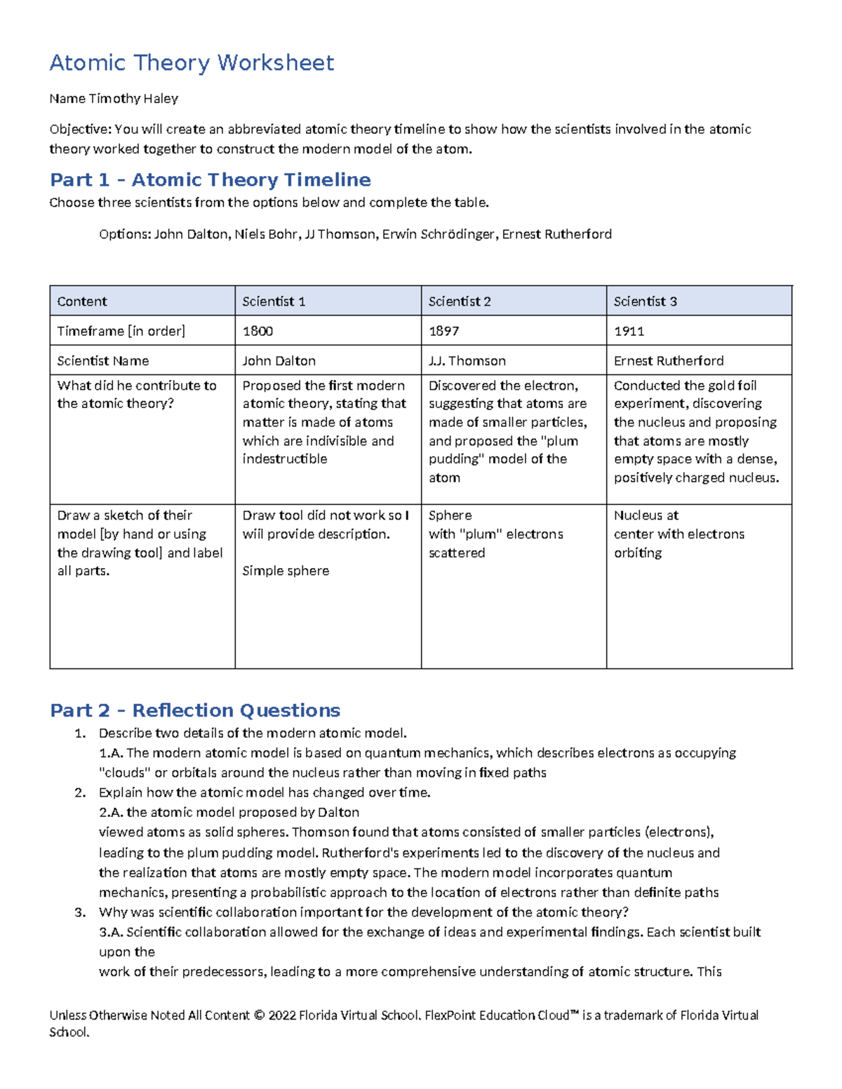 Atomic theory worksheet: Timeline and reflections on key scientists ...