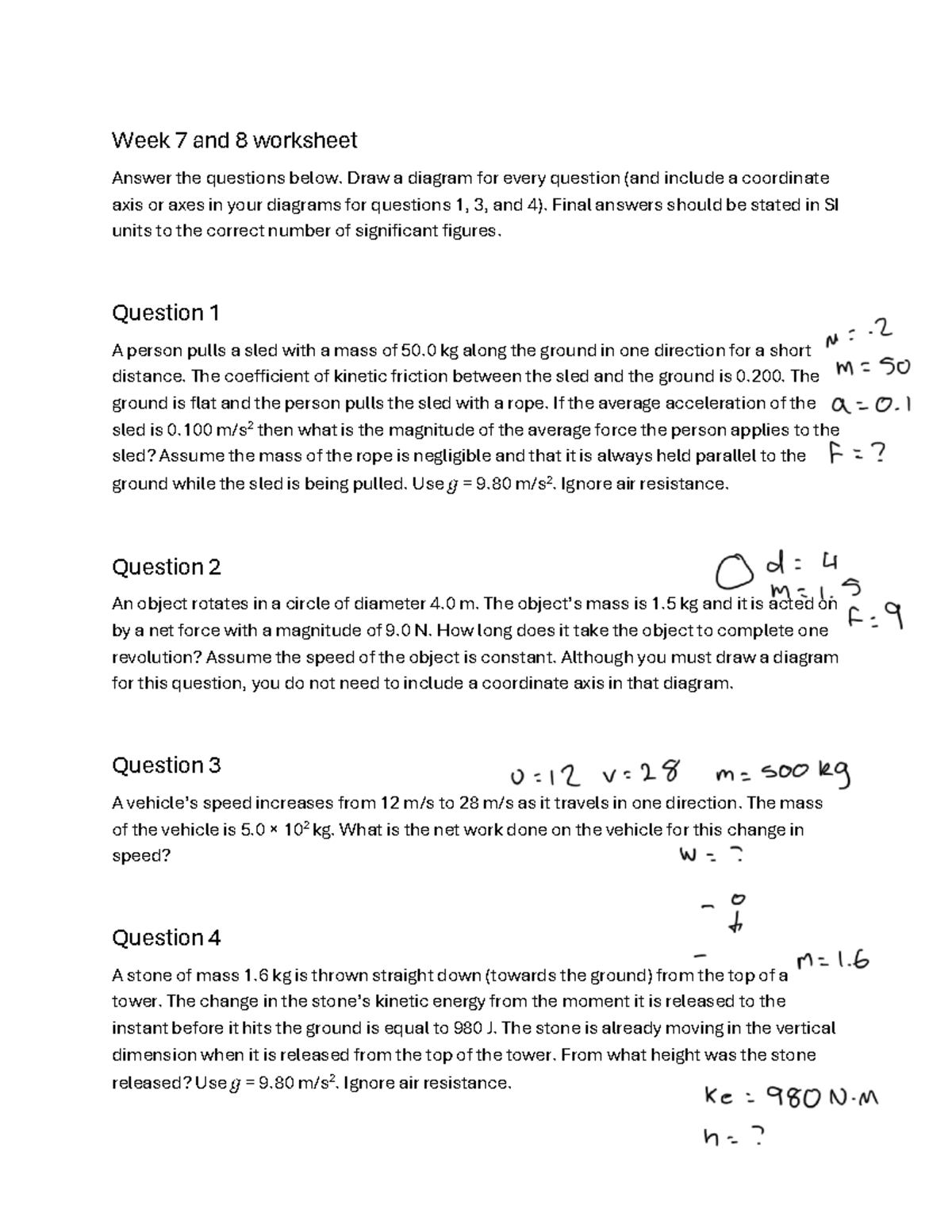 Week 07 & 08 Physics Worksheet: Forces, Motion & Energy Problems - Studocu