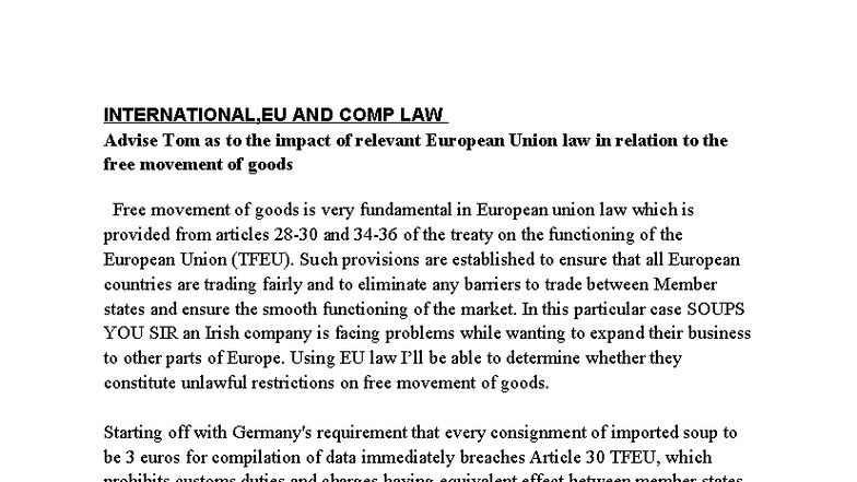 EU LAW Assignment - Impact of EU Law on Free Movement of Goods - Studocu