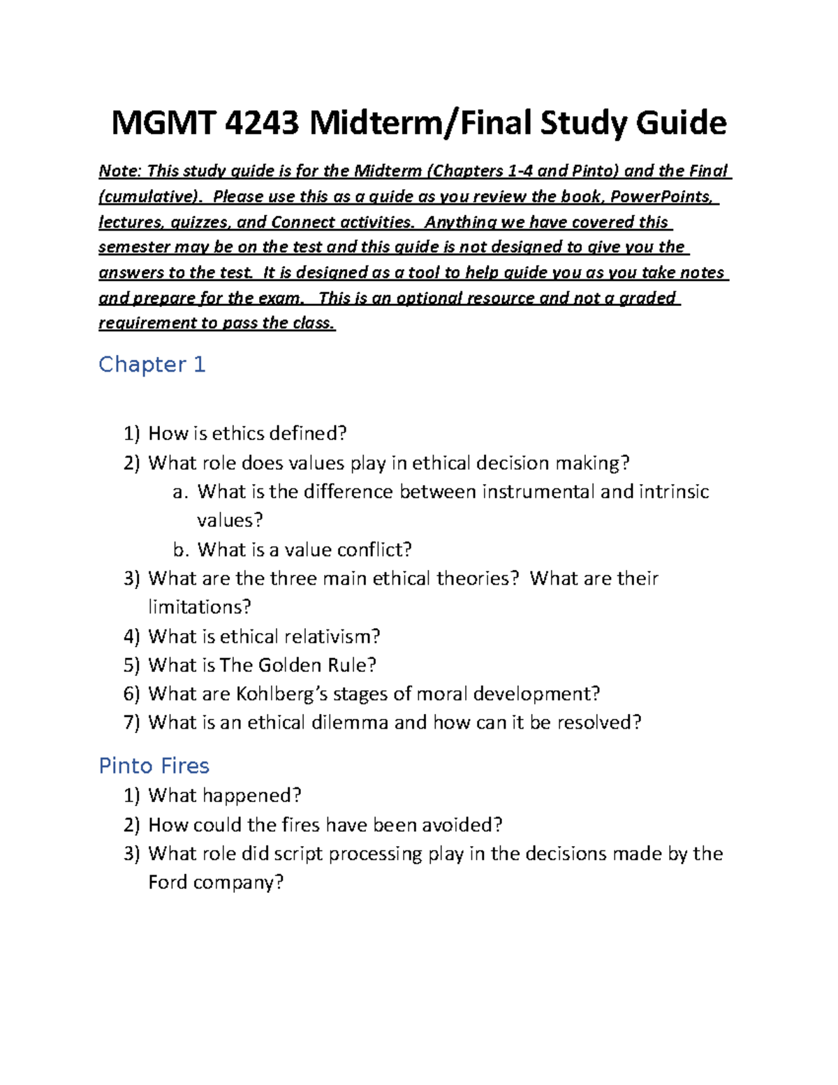 MGMT 4243 Comprehensive Midterm & Final Exam Study Guide - Studocu