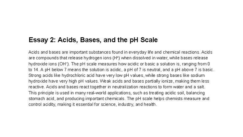 Essay 2: Understanding Acids, Bases, and the pH Scale - Studocu