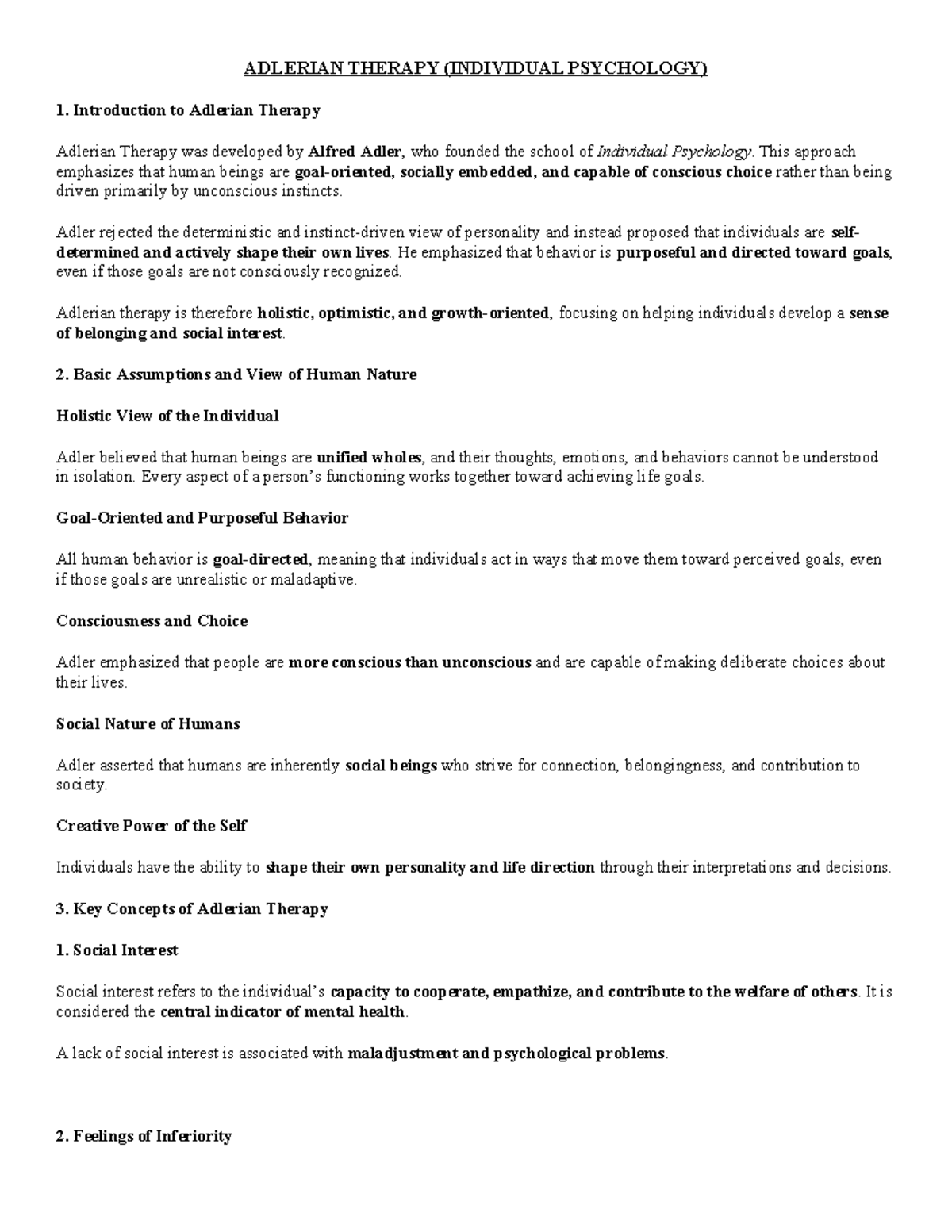 ADLERIAN THERAPY (INDIVIDUAL PSYCHOLOGY) - Comprehensive Notes - Studocu