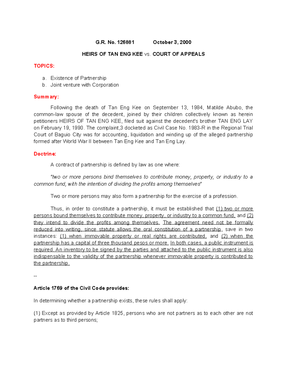 G.R. No. 126881: Heirs of Tan Eng Kee vs. Court of Appeals Case Summary ...