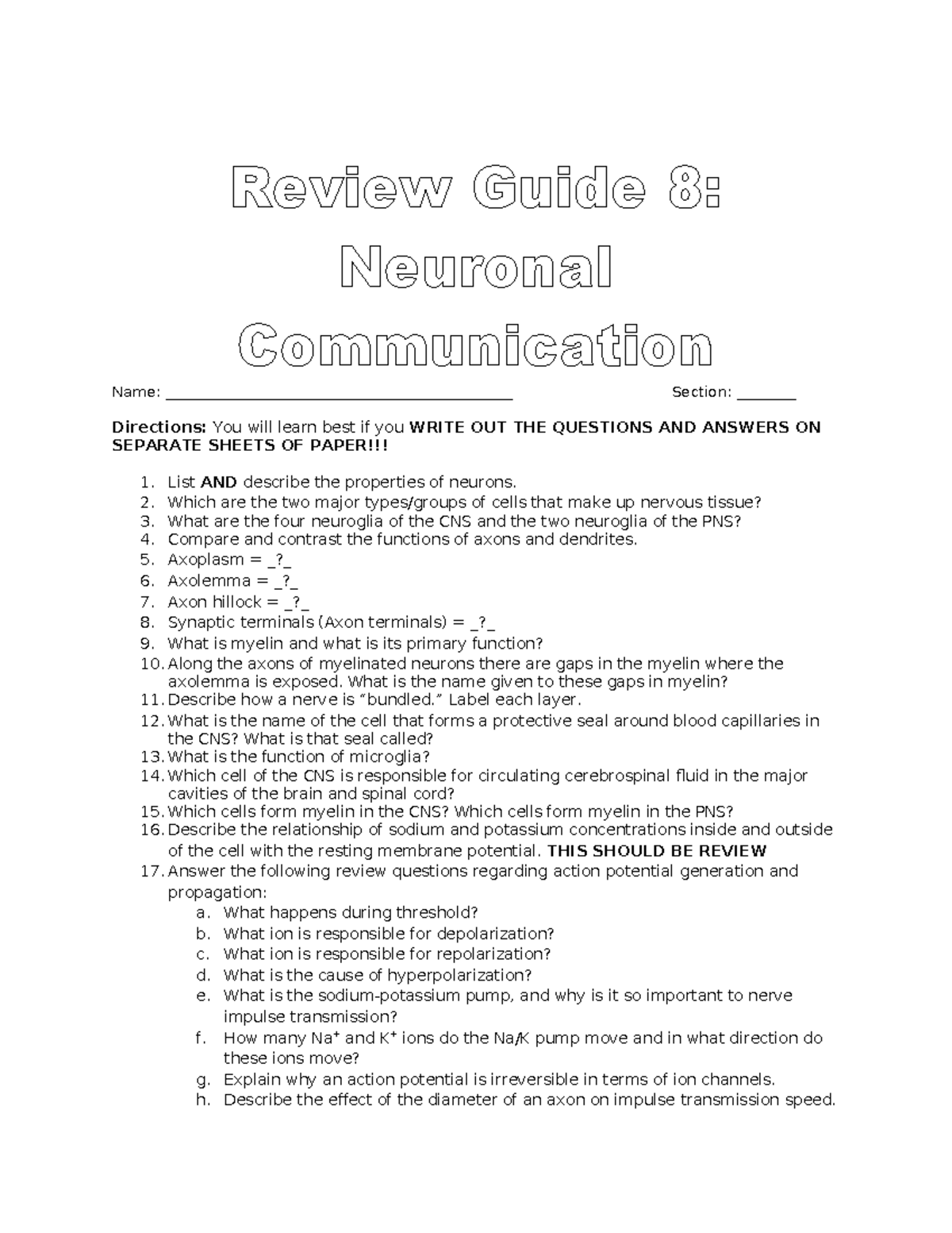 8 Neuronal Communication Review Guidemw 2024 - Name