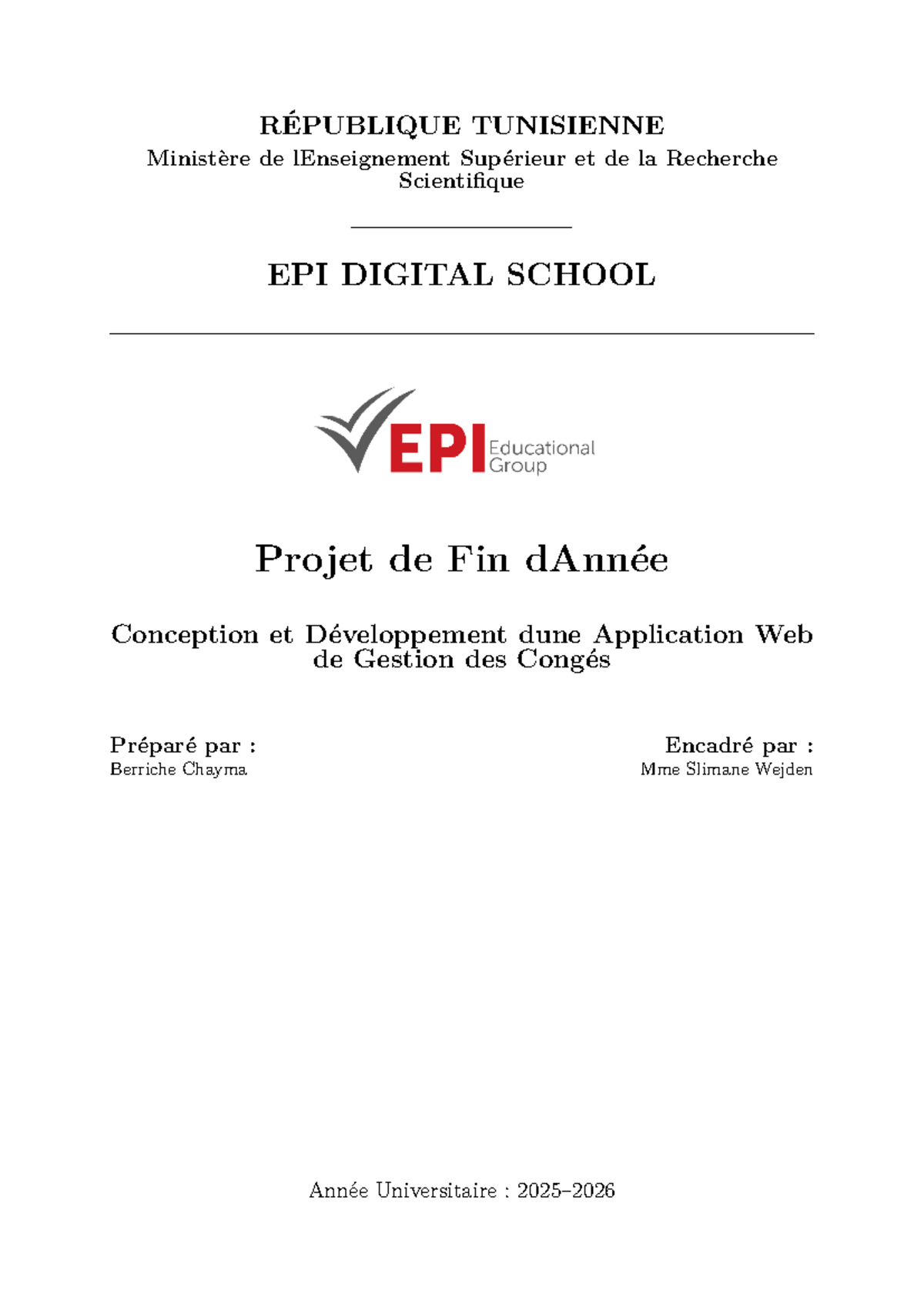 Rapport de Projet d'Intégration EPI DIGITAL SCHOOL - Gestion des Congés ...