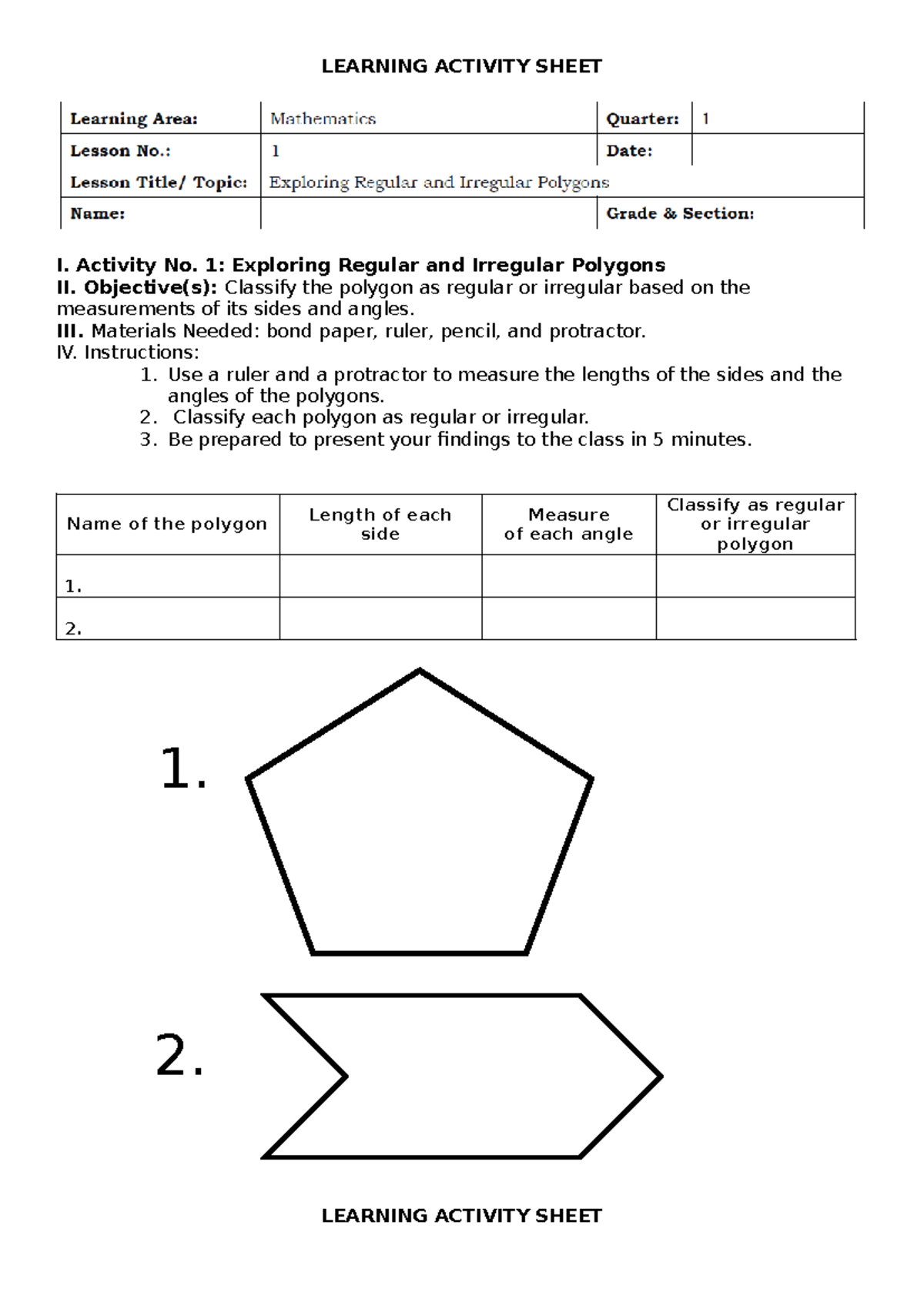 Exploring Regular and Irregular Polygons: Activity No. 1 Guide - Studocu