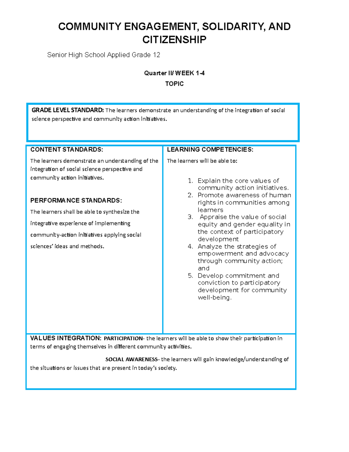 Applied Grade 12 Community Engagement: Solidarity & Citizenship ...