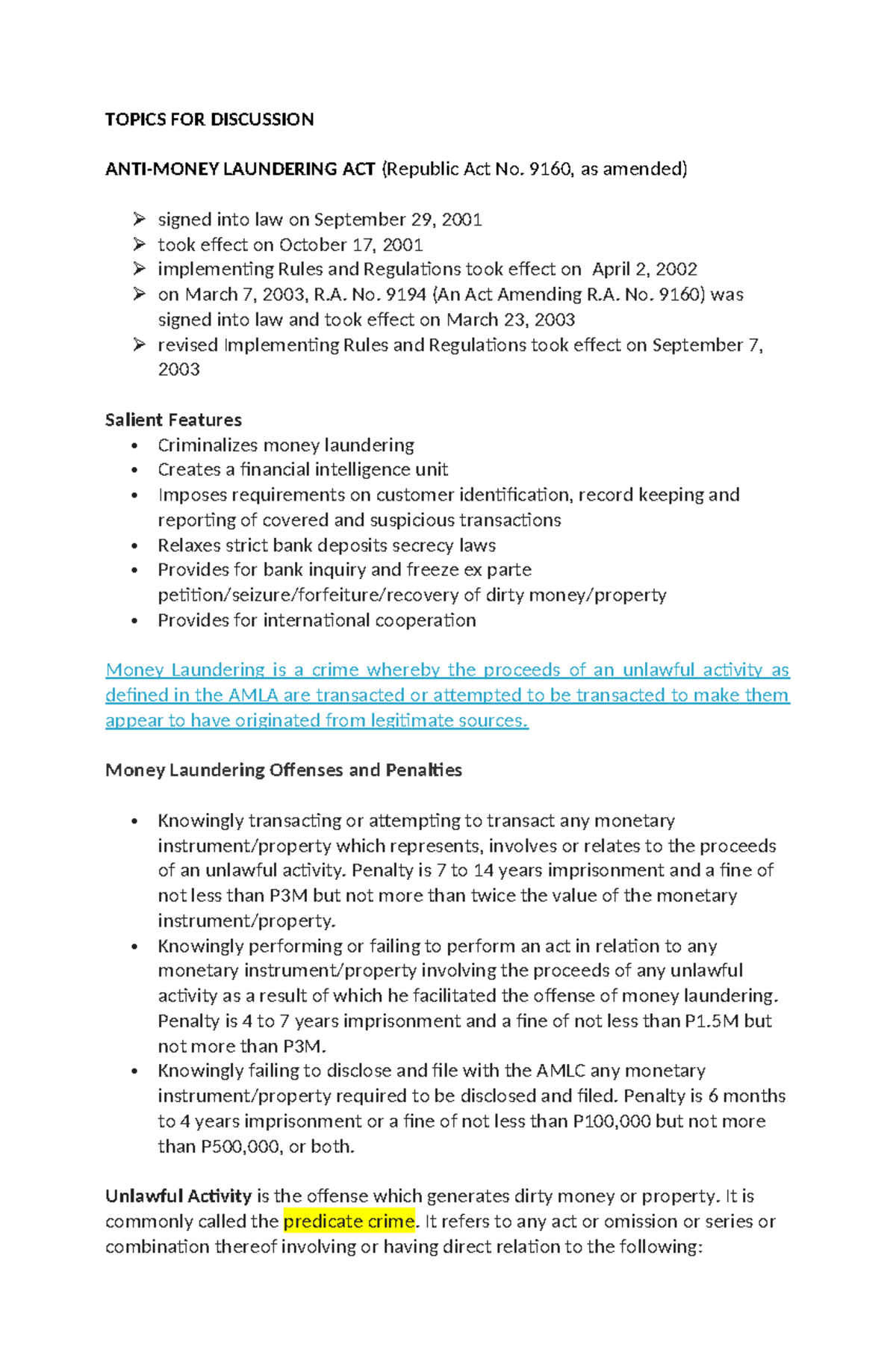 Notes #4 - Commercial Law 1: Money Laundering Act Overview - Studocu