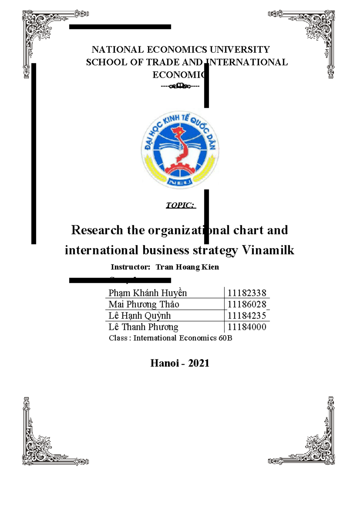 International Economics 60B: Vinamilk's Org Chart & Business Strategy ...