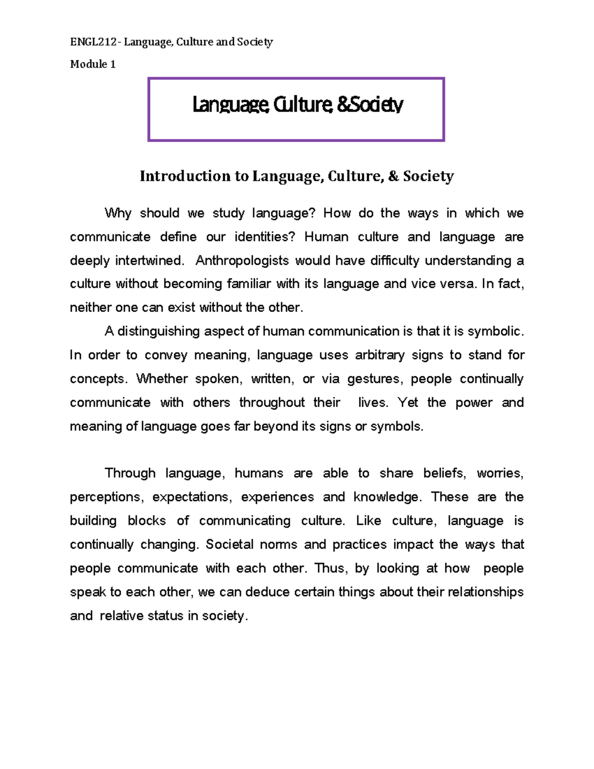 LCS Module 1 - Understanding Language, Culture, & Society Basics - Studocu