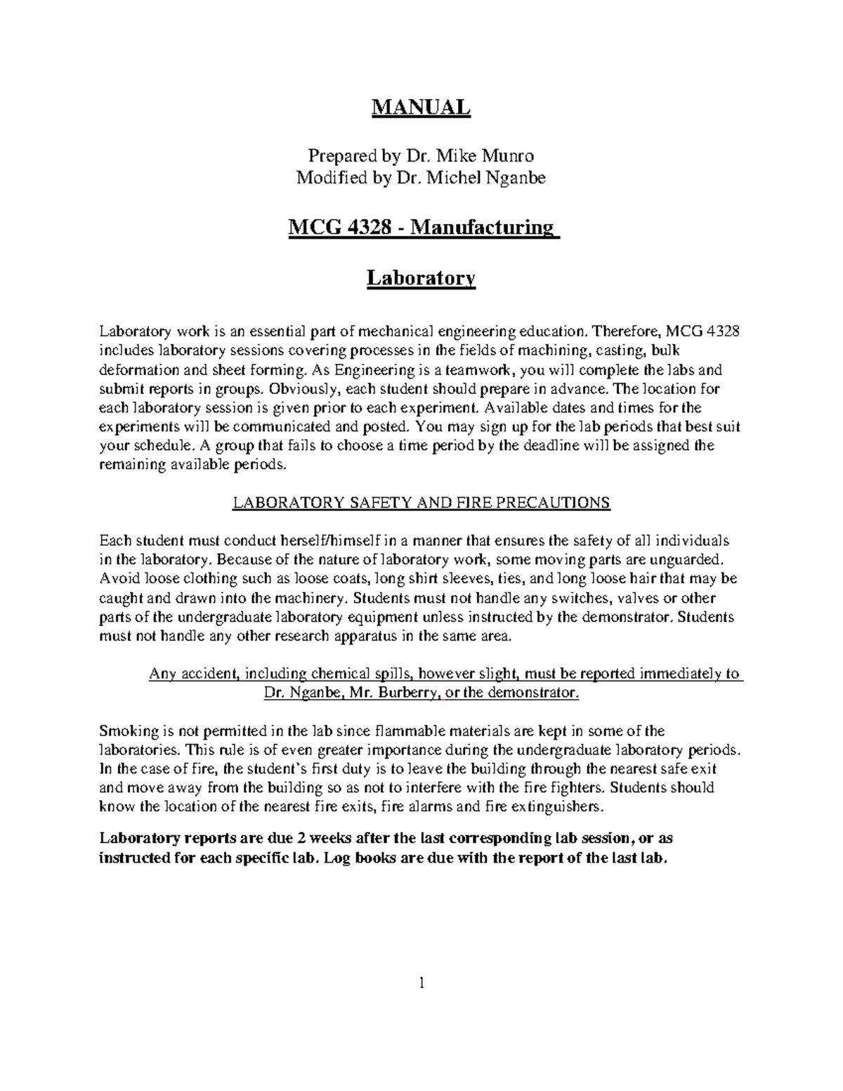 MCG 4328 Manufacturing Laboratory Manual: Safety & Experiment Guidelines - Studocu