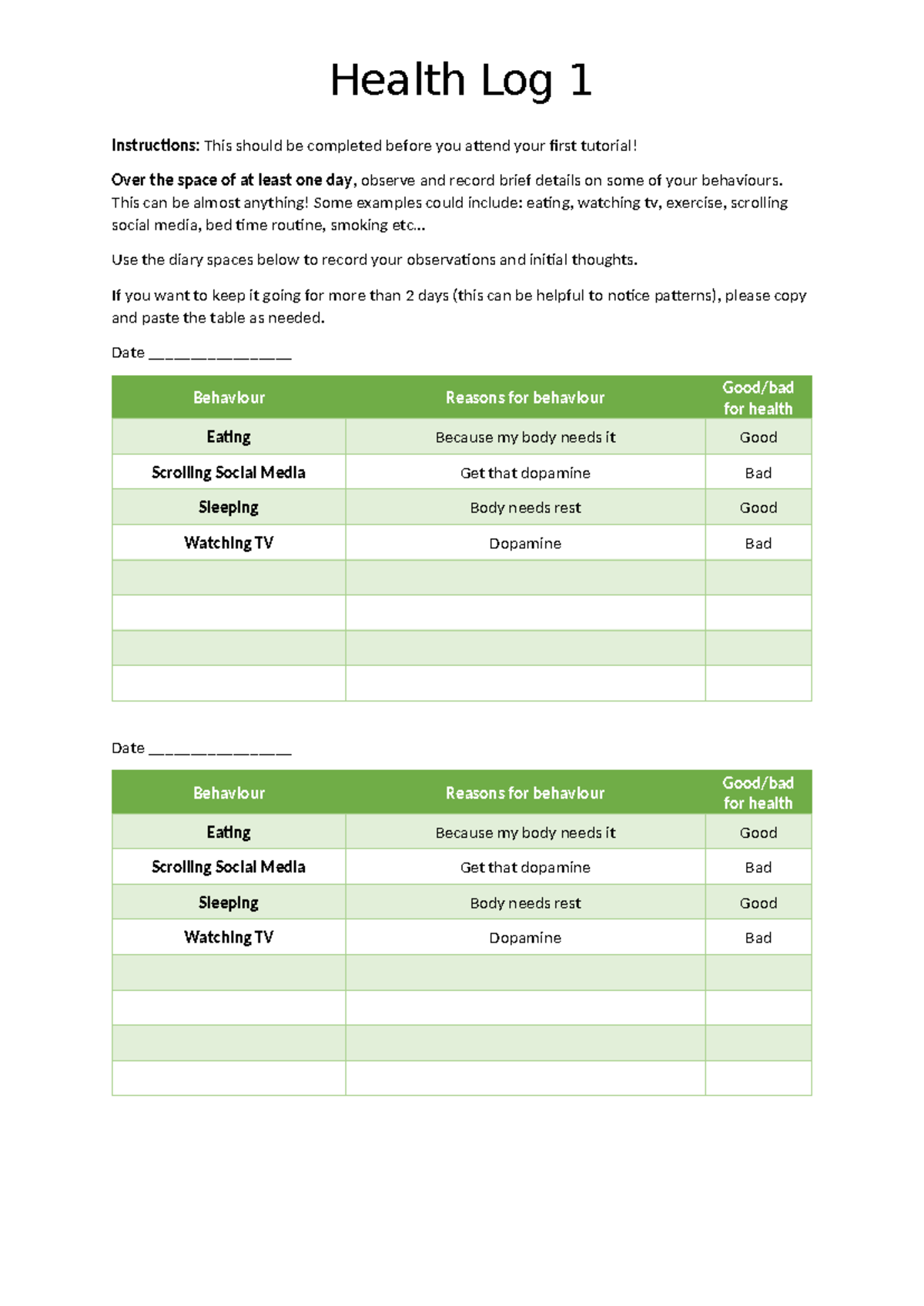 Module 2 Tutorial 1 Workbook Activity - Health Log 1 - Health Log 1 ...