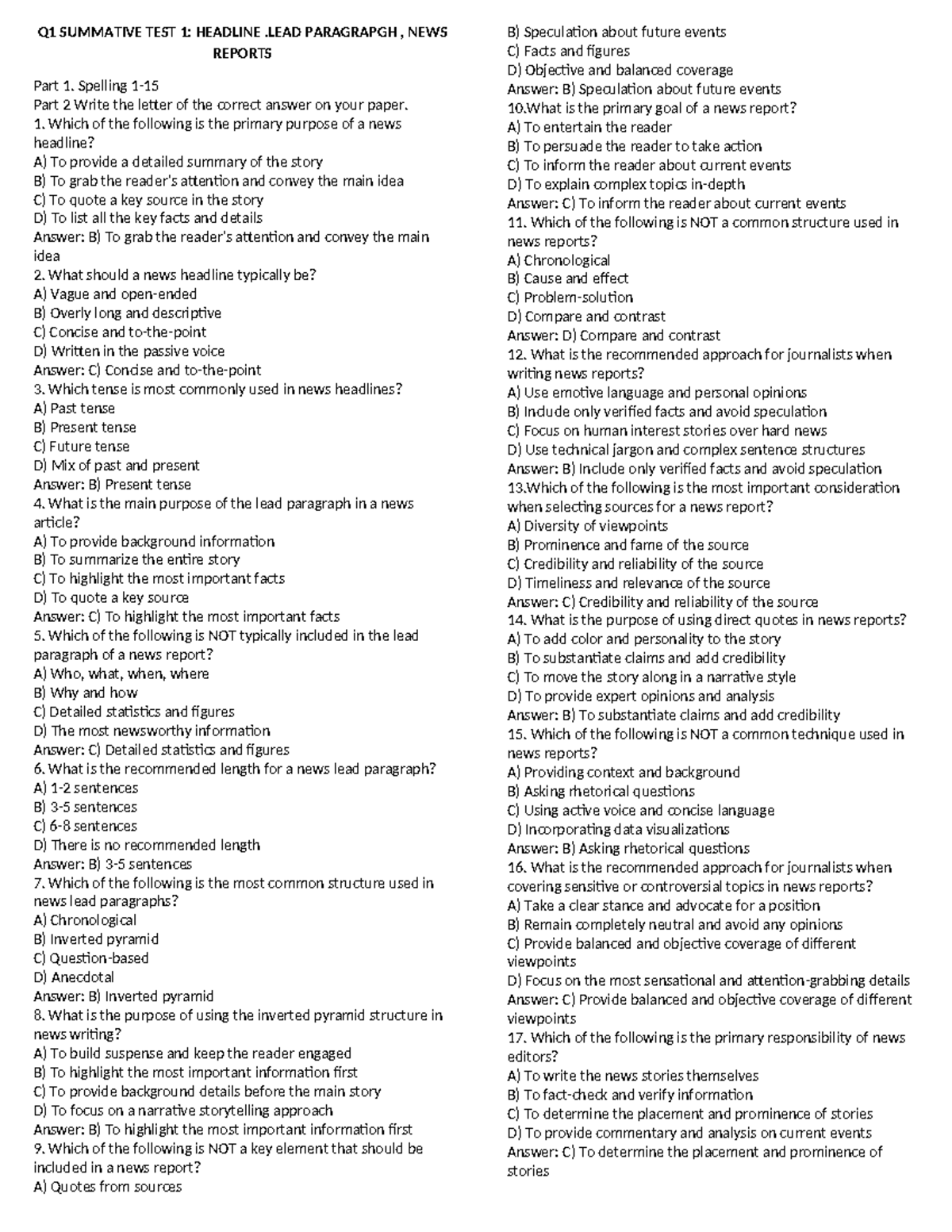 Q1 Summative Test 12 - News Headlines & Reporting Activities - Studocu