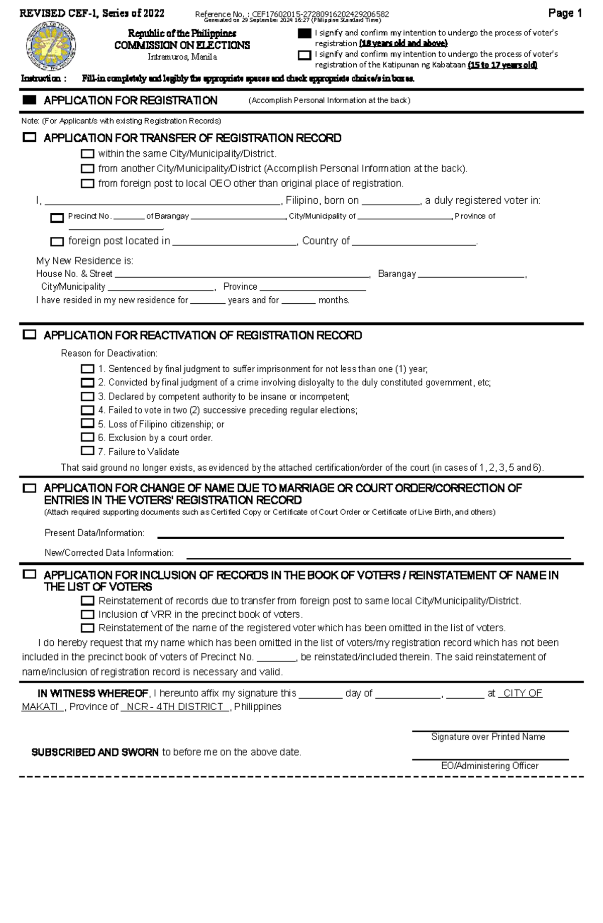 Application for Voter Registration and Transfer (NCR 4TH DISTRICT ...