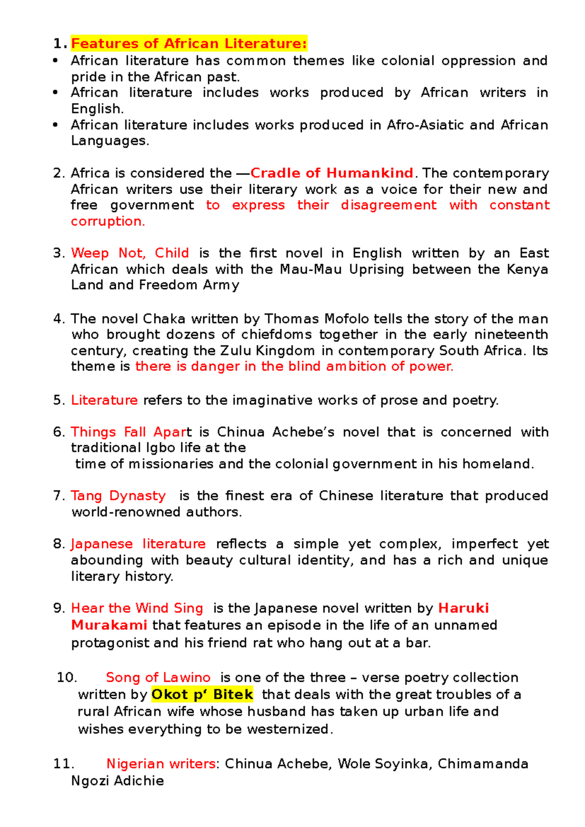 African Literature: Themes, Authors, and Key Texts - 2nd Quarter Review ...