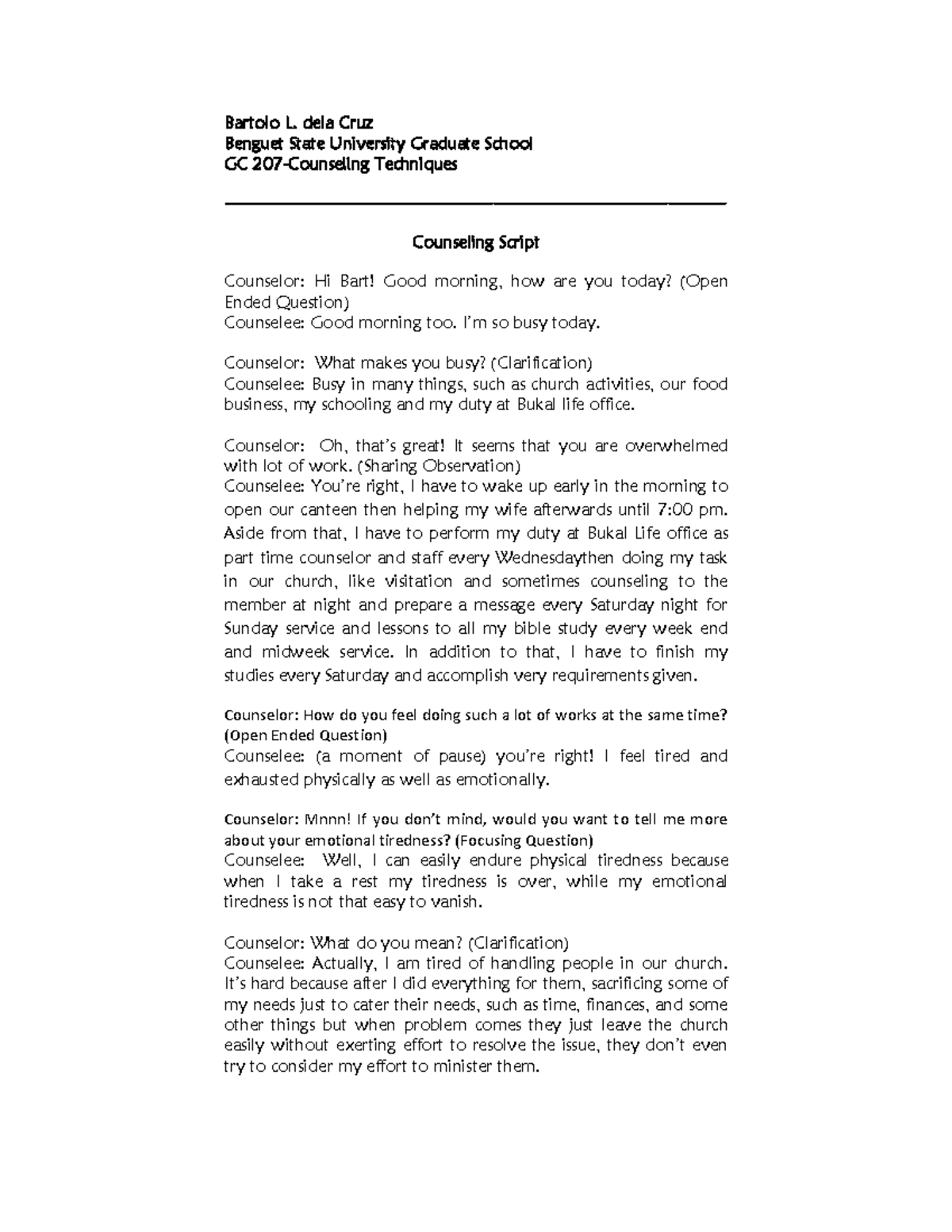 Counseling Script - Bartolo L. dela Cru z Benguet S tate Univer sit y ...