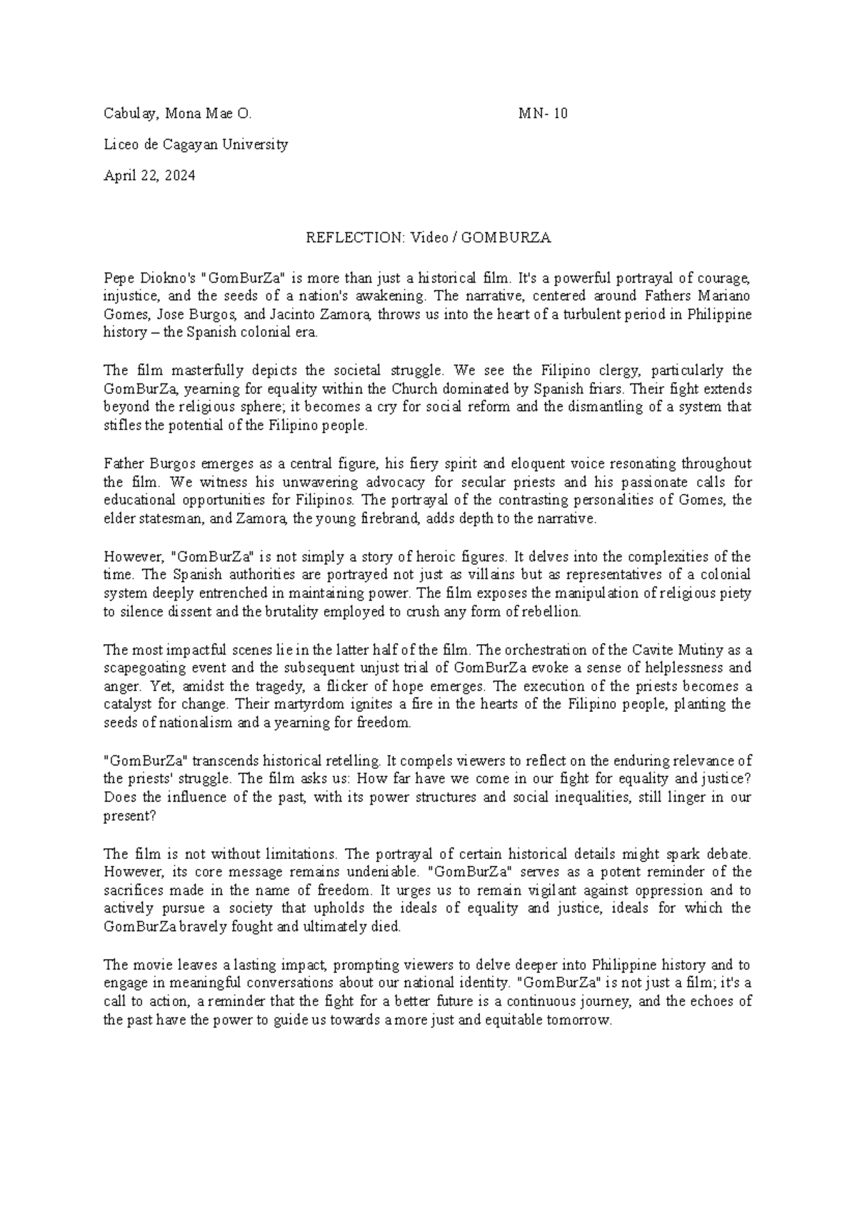 Reflection on the Film "GomBurZa" - MN-10 Essay Notes - Studocu
