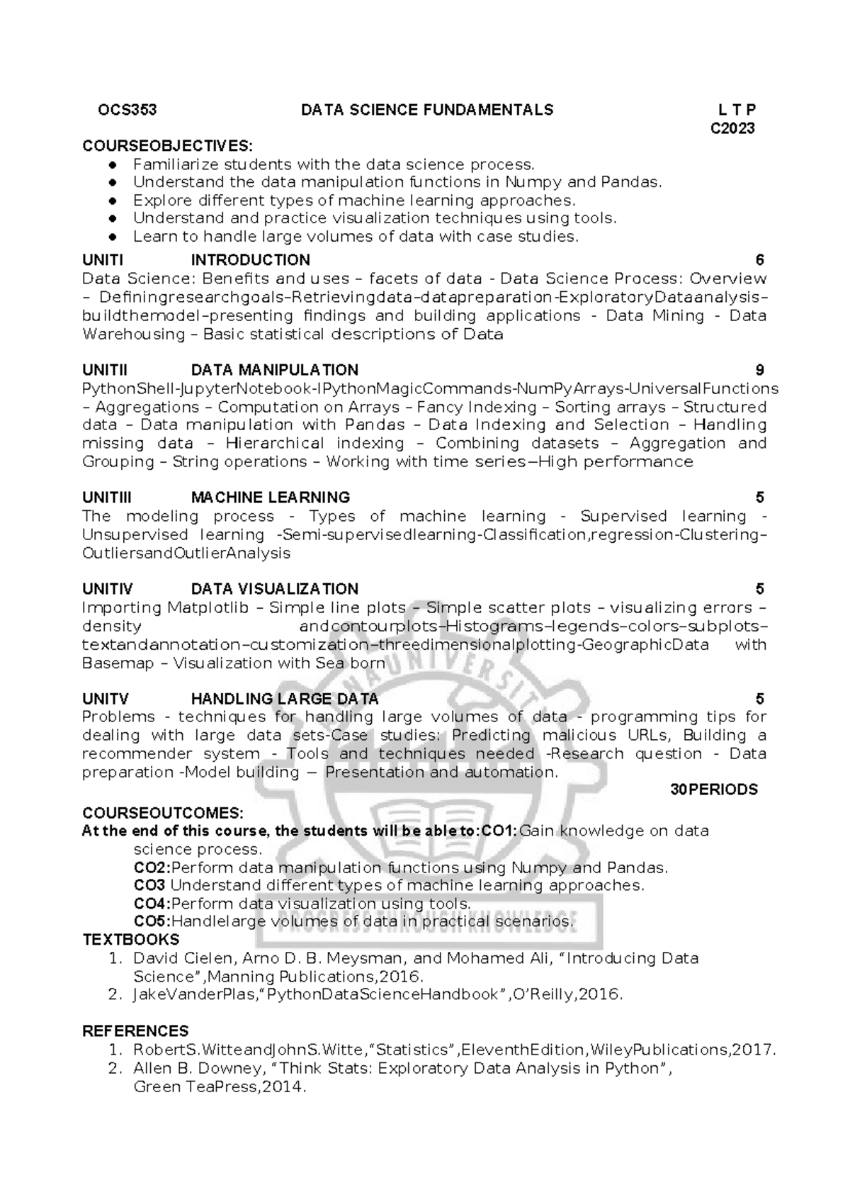 OCS353 Data Science Course Syllabus and Lab Exercises Overview - Studocu