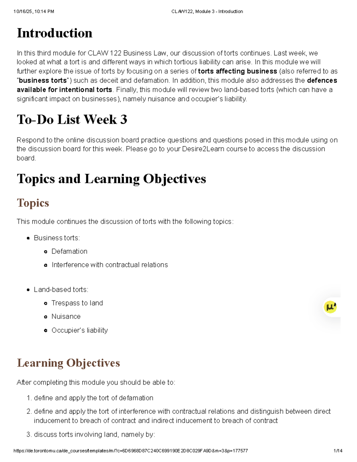 CLAW122 Module 3: Business Torts - Defamation, Nuisance & Liability ...