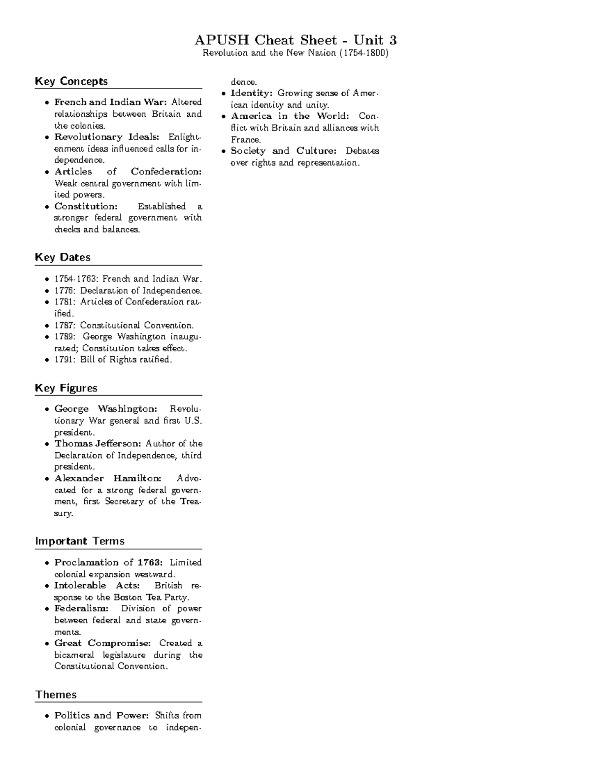 Apush - APUSH Cheat Sheet - Unit 3 Revolution and the New Nation (1754 ...