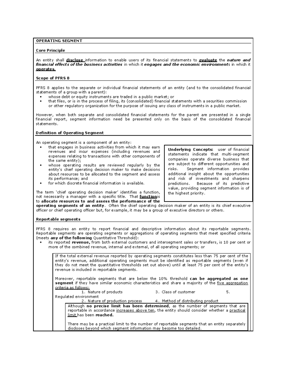 Operating Segment - NOTES - Underlying Concepts: user of financial ...