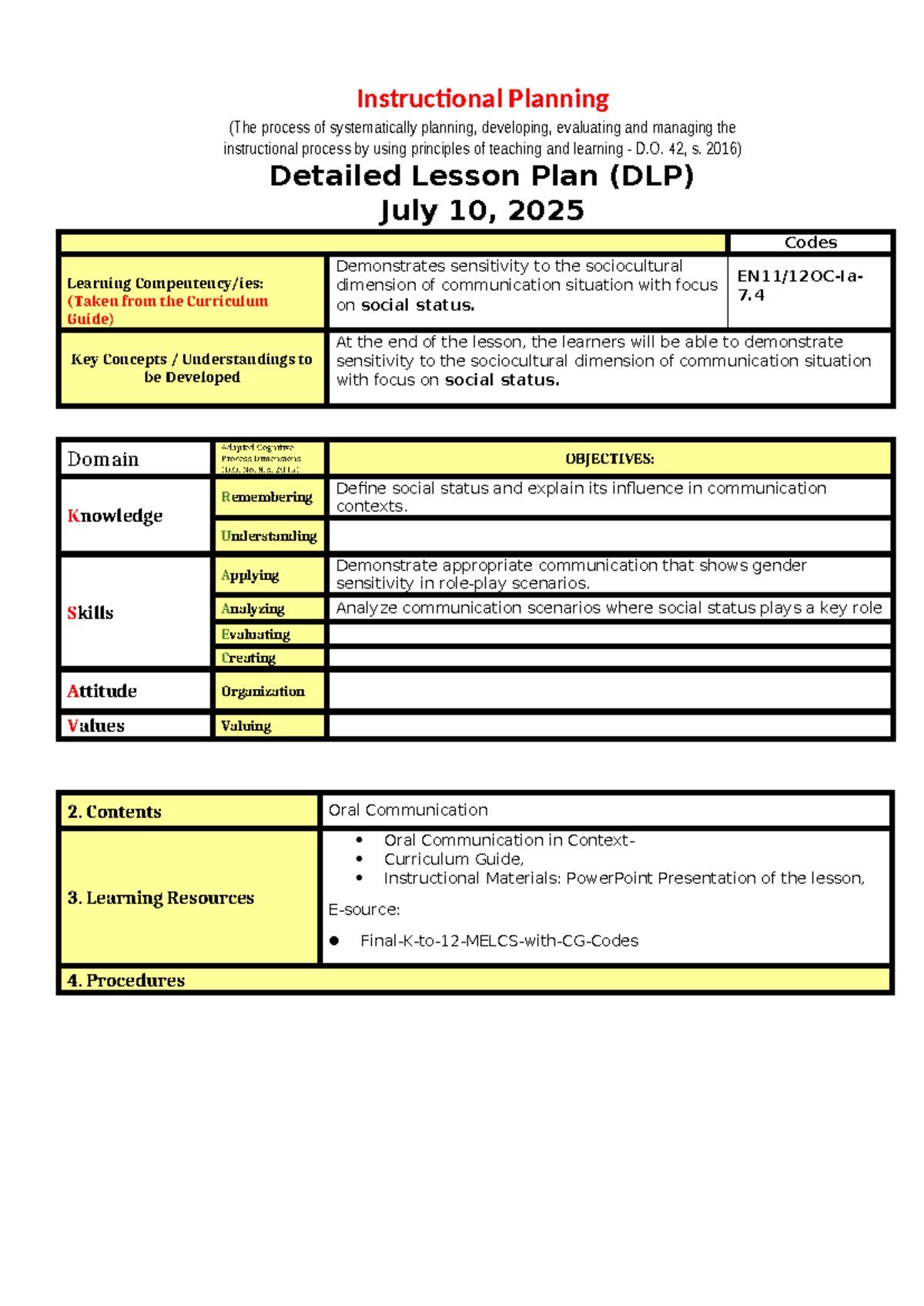 D.O. 42, s. 2016 Detailed Lesson Plan on Social Status in Oral ...