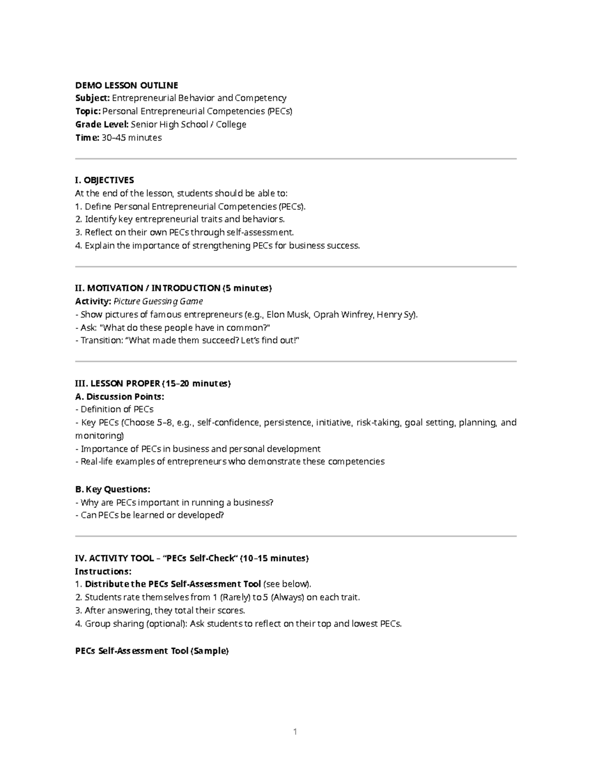 PECs Demo Lesson Outline - Entrepreneurial Behavior and Competency ...