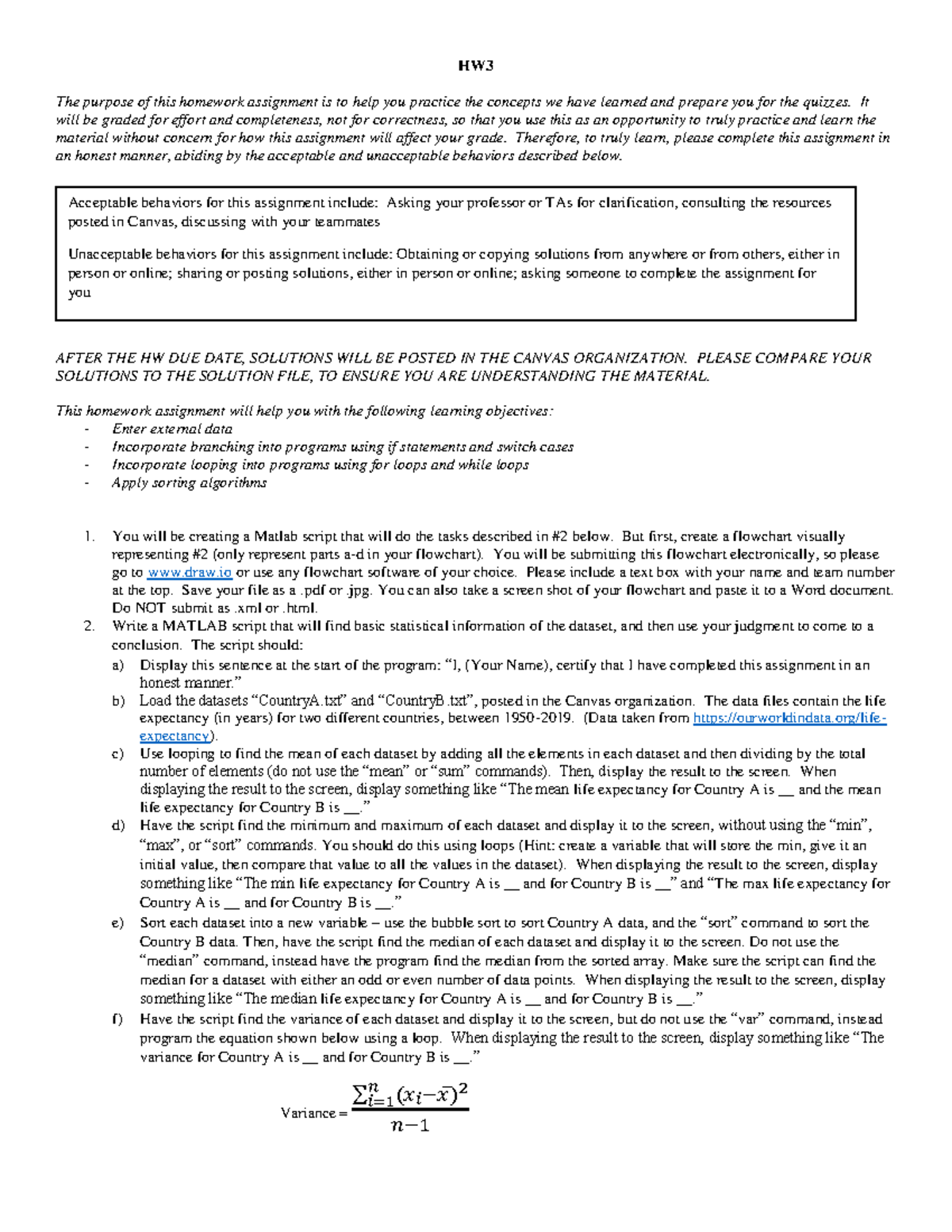 Programming HW3: MATLAB Life Expectancy Analysis and Flowchart - Studocu