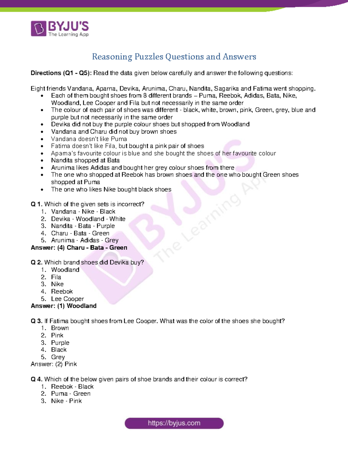 Reasoning Puzzles: Questions & Answers (Q1-Q32) - Studocu