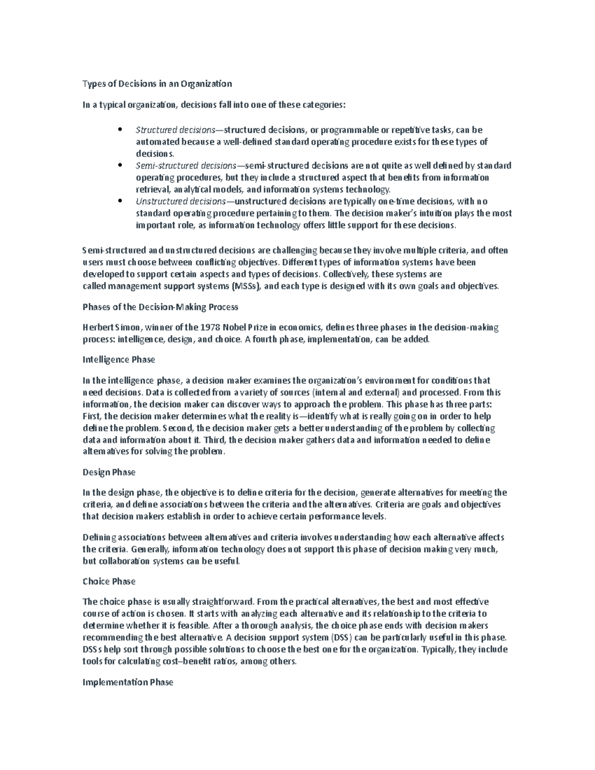 Module 12 Lecture Notes ISM - Types of Decisions in an Organization In ...
